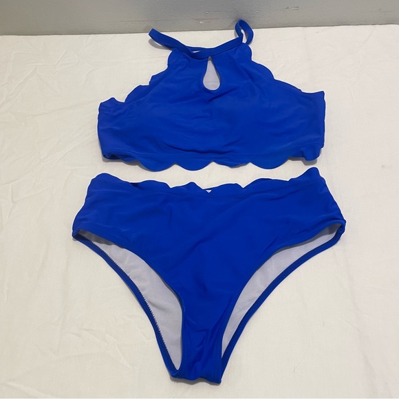 Swim | Royal Blue 2 Piece Bathing Suit Bikini Scallop Halter Top Size ...
